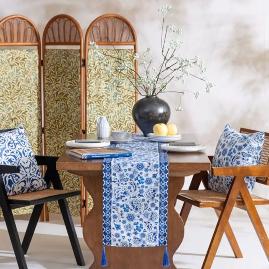 Blue and Pearl White Porcelain Patterned Table Runner - Home Stuff